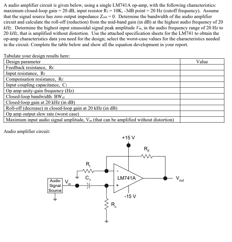 SOLVED: An audio amplifier circuit is given below, using a single LM741A Op-amp with the ...