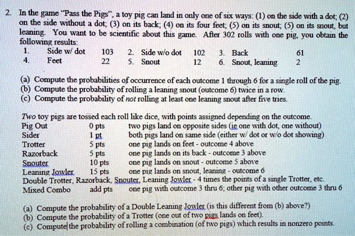 2. In the game "Pass the Pigs", a toy pig can land in only...