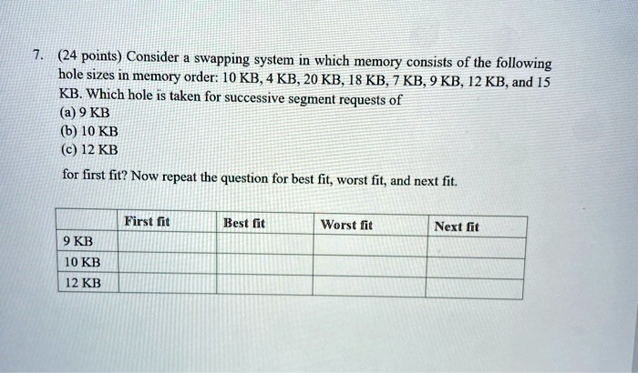 7. (24 points) Consider a swapping system in which memory consists of ...