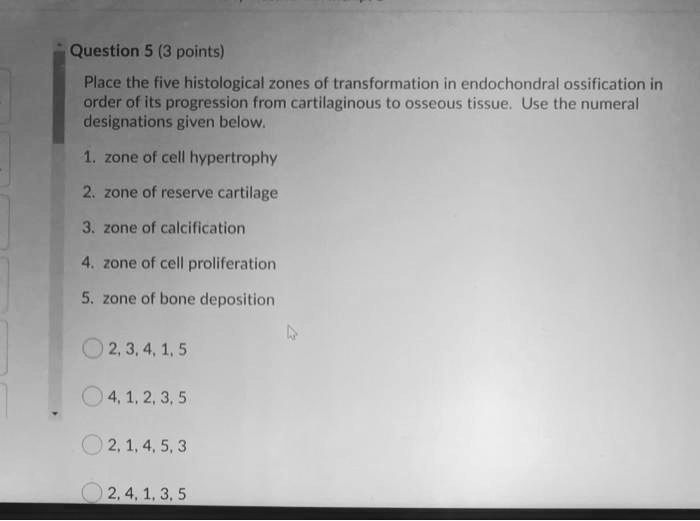 question 5 3 points place the five histological zones of transformation ...