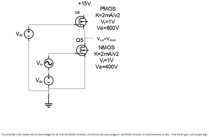 +15V Q6 PMOS K=2mA/v2 Vt=1V Va=800V Vout=Vdrain NMOS K=2mA/v2 Vt=1V Va ...