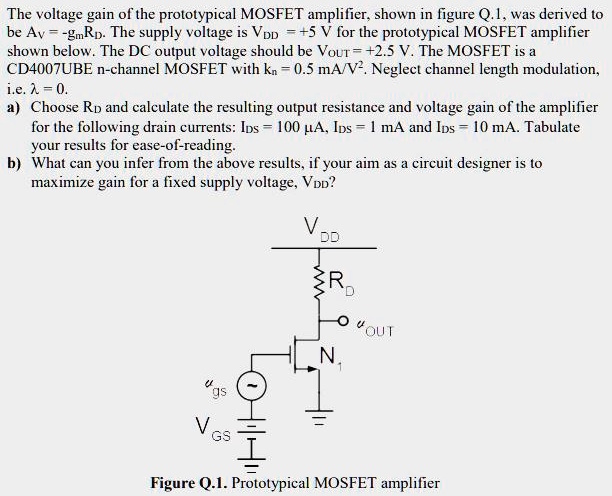 SOLVED: The voltage gain of the prototypical MOSFET amplifier, shown in Figure Q.1, was derived ...