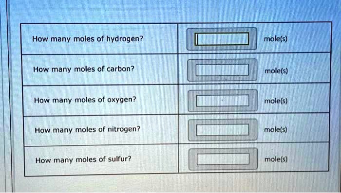 SOLVED: How many moles of hydrogen? How many moles of carbon? How many ... SOLVED: How many moles of hydrogen? How many moles of carbon? How many ...