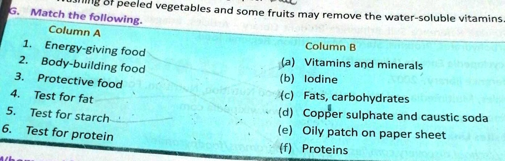 G. Match the following. Column A 1. Energy-giving food 2. Body-building ...