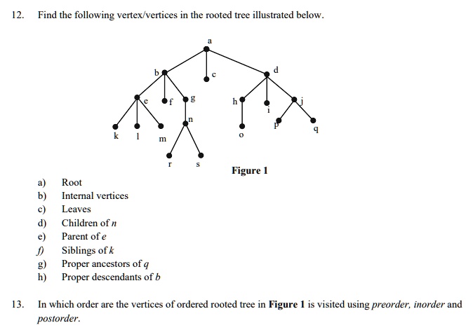 12. Find the following vertex/vertices in the rooted tree illustrated below. a b c e f g h k l m ...