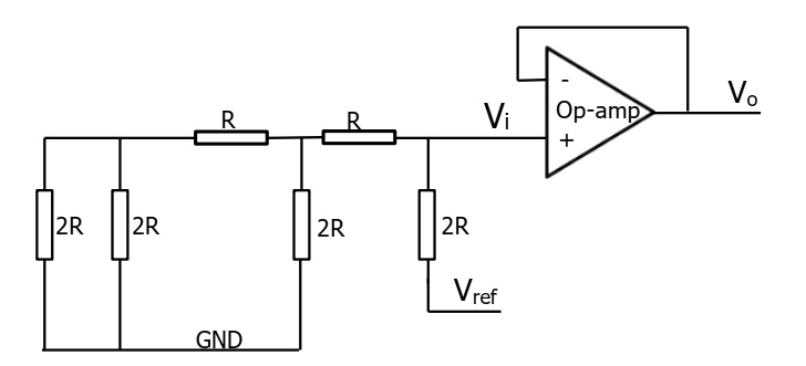 SOLVED: Figure shows configuration of a 3-bit, R-2R ladder, digital to analogue converter (DAC ...