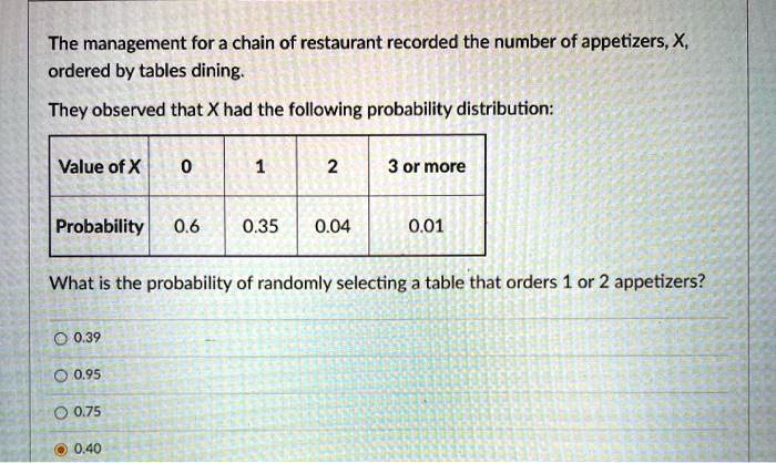 the management for a chain of restaurant recorded the number of ...
