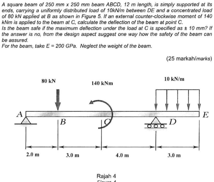 SOLVED: A square beam of 250mm x 250mm beam ABCD, 12m length, is simply supported at its ends ...
