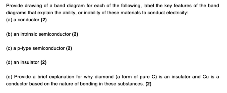 SOLVED: Provide drawing of a band diagram for each of the following ...