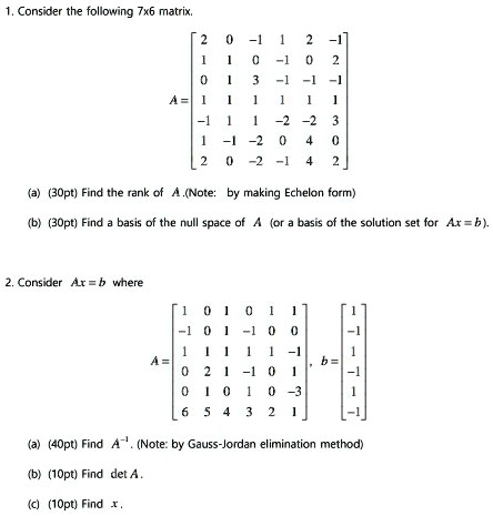 SOLVED: Consider the following 7x6 matrix. (1) Find the rank of A ...