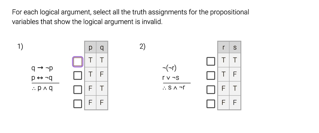 Solved Please Help For Each Logical Argument Select All The Truth