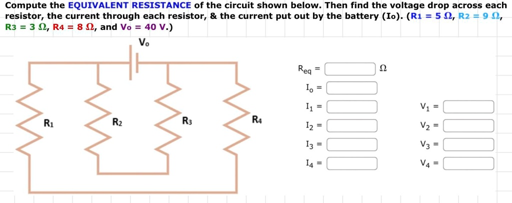 Compute the EQUIVALENT RESISTANCE of the circuit shown below. Then find the voltage drop across ...