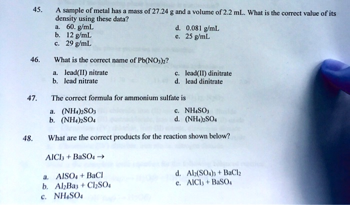 SOLVED: Sample of metal has a mass of 27.24 g and a volume of 2.2 mL ...