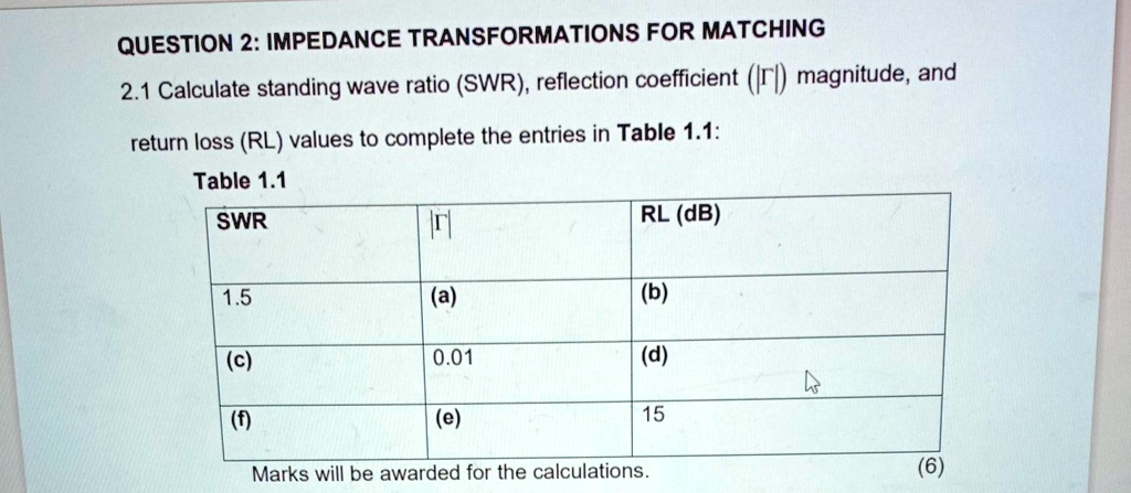 SOLVED: QUESTION 2: IMPEDANCE TRANSFORMATIONS FOR MATCHING 2.1 Calculate the standing wave ratio ...
