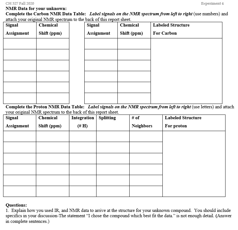 CH 327 Fall 2020 NMR Data for your unknown: Experiment 4 Complete the ...