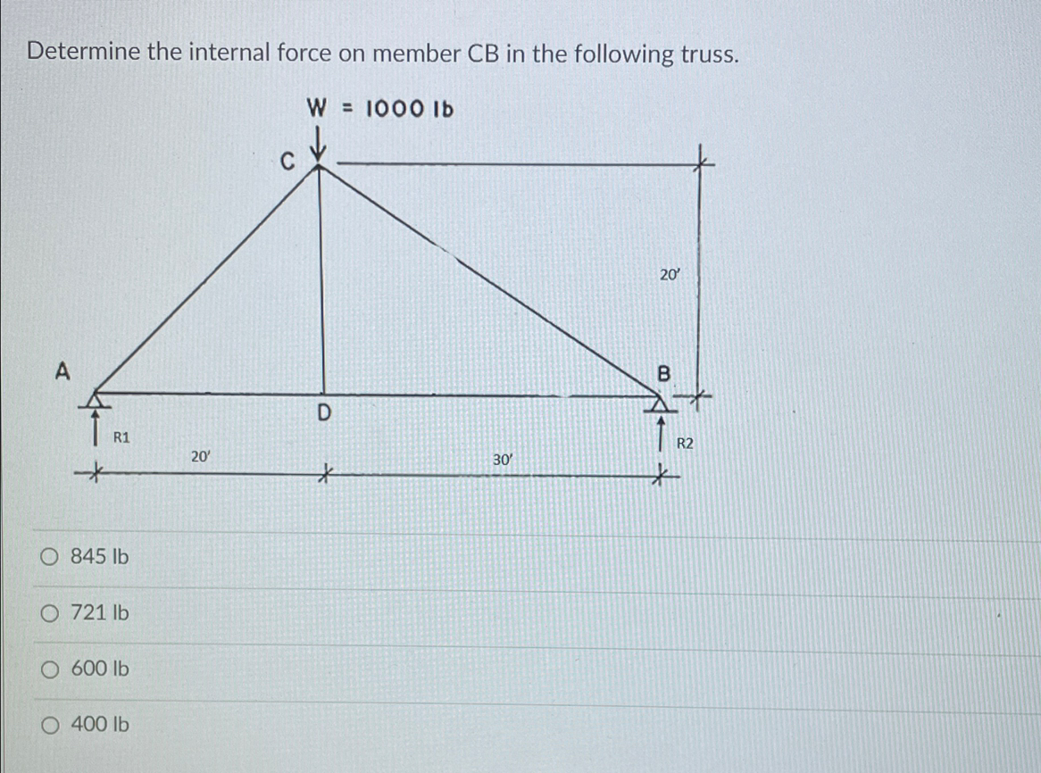 Determine the internal force on member CB in the following truss. 845 ...