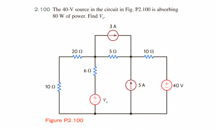 SOLVED: 2.100 The 40-V source in the circuit in Fig. P2.100 is absorbing 80 W of power. Find Vx ...