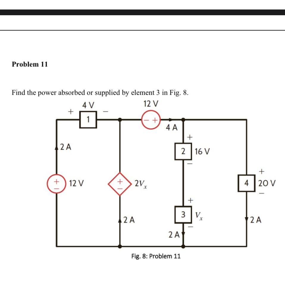 SOLVED: Problem 11 Find the power absorbed or supplied by element 3 in Fig. 8. Fig. 8: Problem 11
