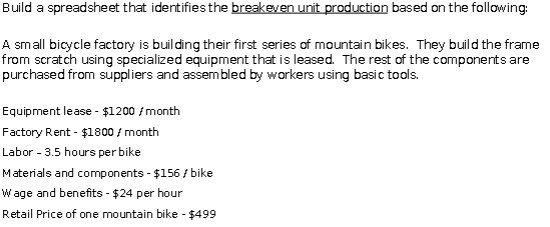 build a spreadsheet that identifies the breakeven unit production based ...