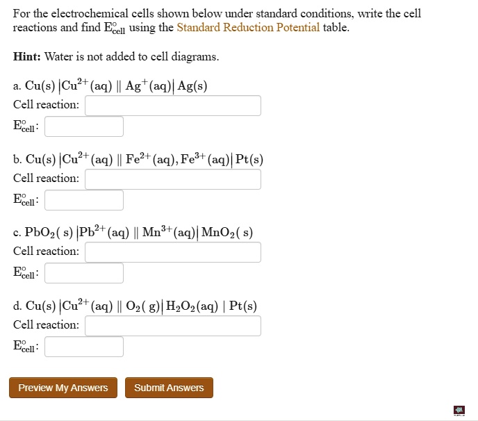 for the electrochemical cells shown below under standard conditions wite the cell reactions and ...
