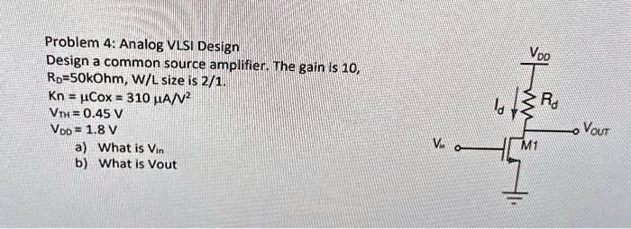 Problem 4: Analog VLSI Design Design a common source amplifier. The gain is 10, RD=50kOhm, W/L ...