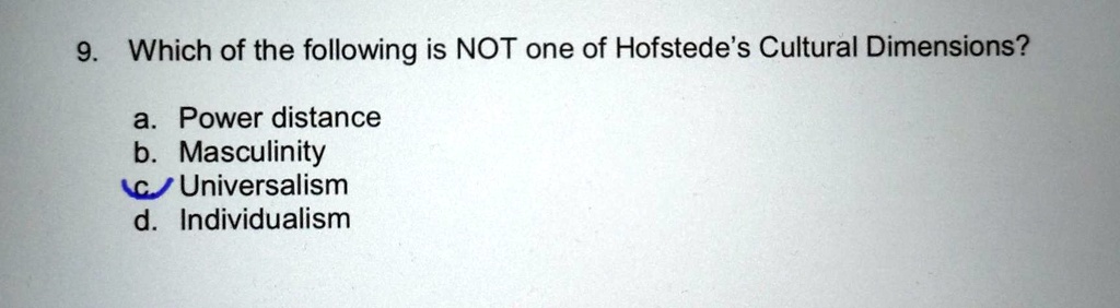SOLVED: Which of the following is NOT one of Hofstede's Cultural ...