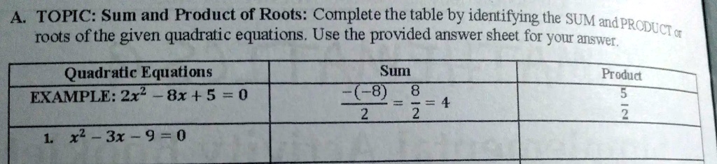 SOLVED: TOPIC: Sum and Product of Roots: Complete the table by identifying the SUM and PRODUCT ...