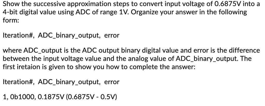 SOLVED: Show the successive approximation steps to convert an input voltage of 0.6875V into a 4 ...