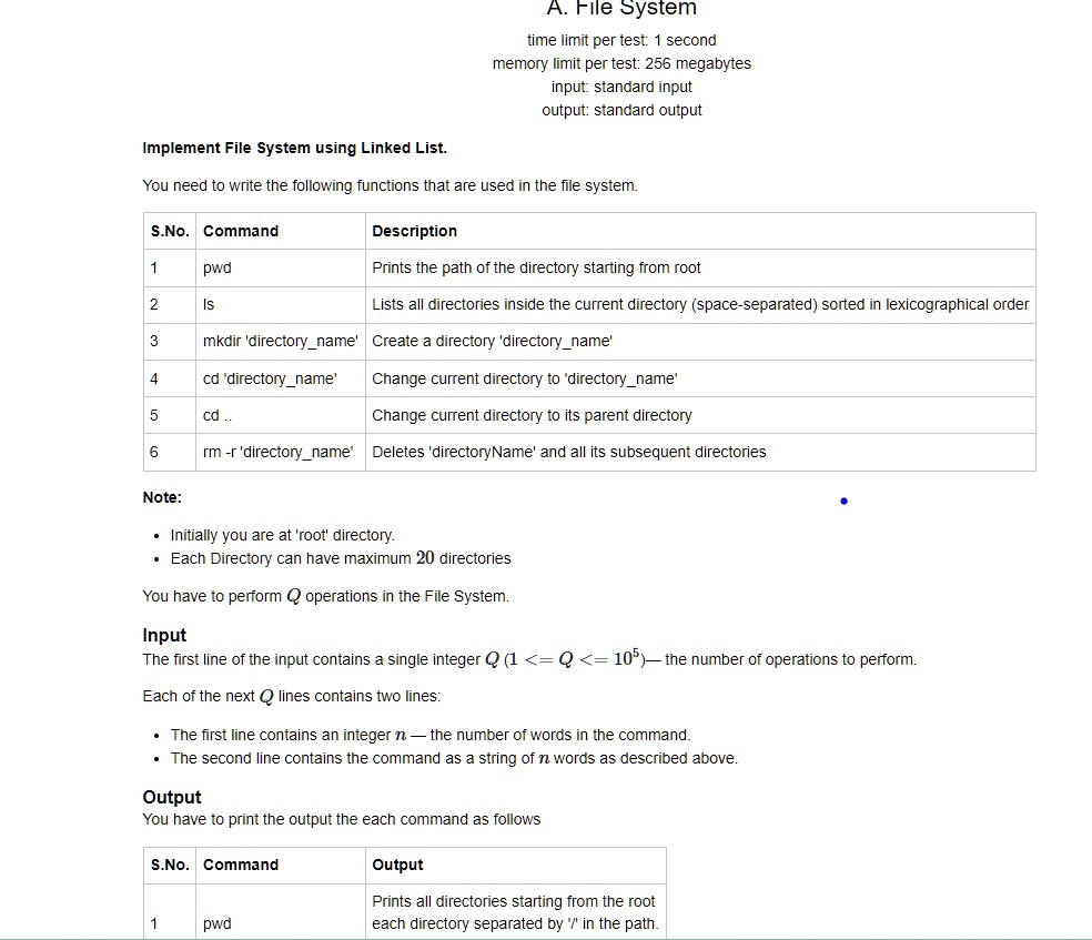 Get Answer Implement File System Using Linked List A File System Time Limit Per Test 1