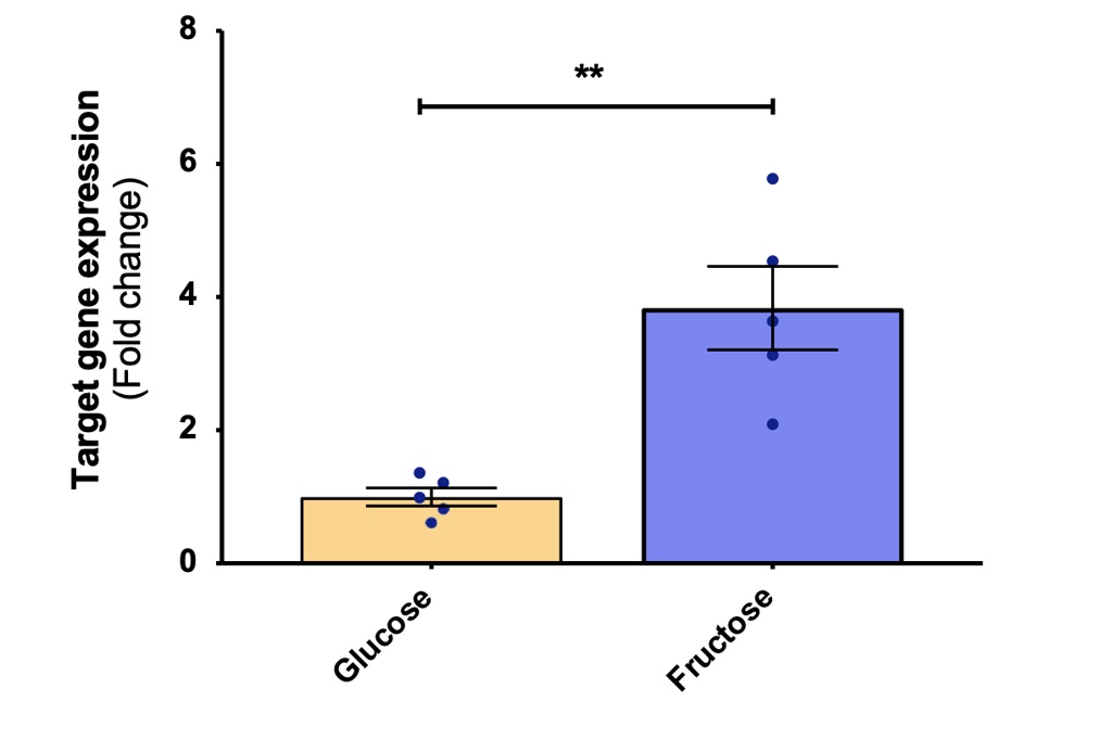 Target gene expression (Fold change) 8 6 4 2 0 Glucose ** Fructose