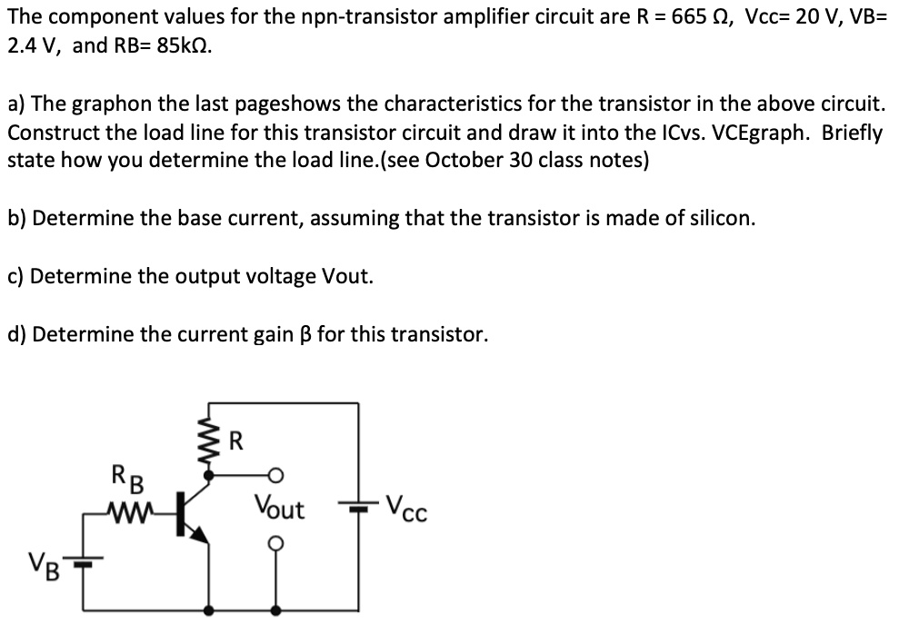 SOLVED: The component values for the npn-transistor amplifier circuit are R = 665 Î©, Vcc = 20 V ...