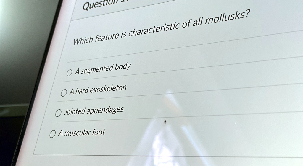 Question 1 Which feature is characteristic of all mollusks? A segmented ...