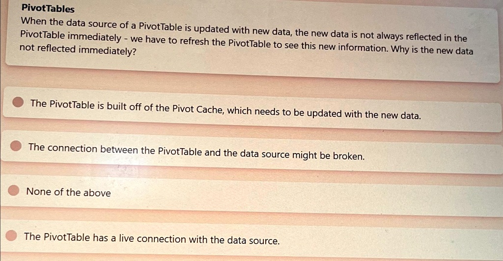 Solved Pivottables When The Data Source Of A Pivottable Is Updated With New Data The New Data 8978