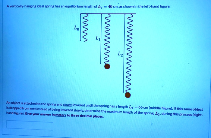 SOLVED: Avertically-hanging ideal springhas equilibrium lengthof Le 40 ...