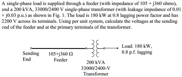 A single-phase load is supplied through a feeder (with impedance of 105 ...
