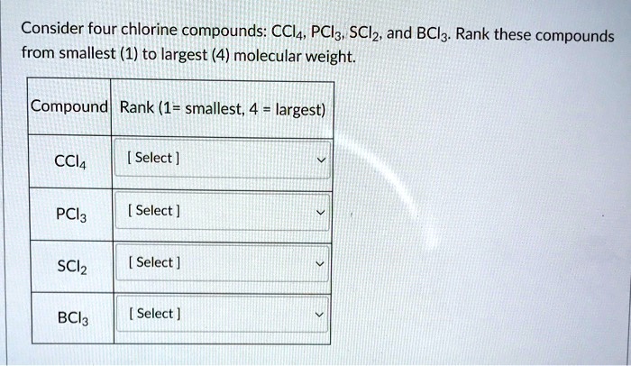 SOLVED: Consider four chlorine compounds: CCl4, PCl2, SCl2, and BCl3 ...