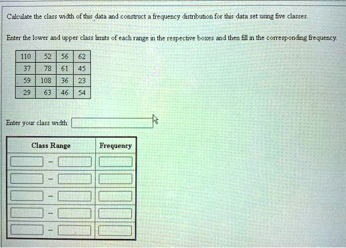 SOLVED: Calculate the class wdth ofthis data and construct frequency distnbution for this data ...