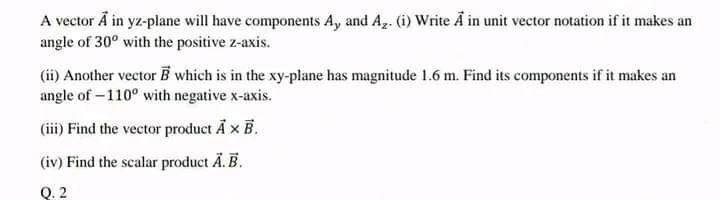 SOLVED: A vector A⃗ in yz-plane will have components Ay and Az. (i) Write A⃗ in unit vector ...