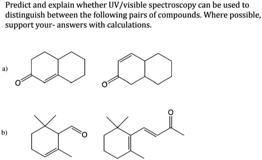 Predict and explain whether UV/visible spectroscopy can be used to distinguish between the ...