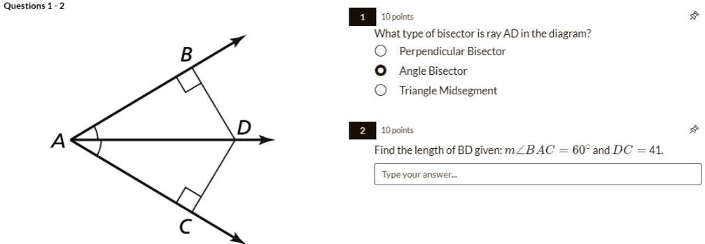 Questions 1-2 1 10 points What type of bisector is ray AD in the ...