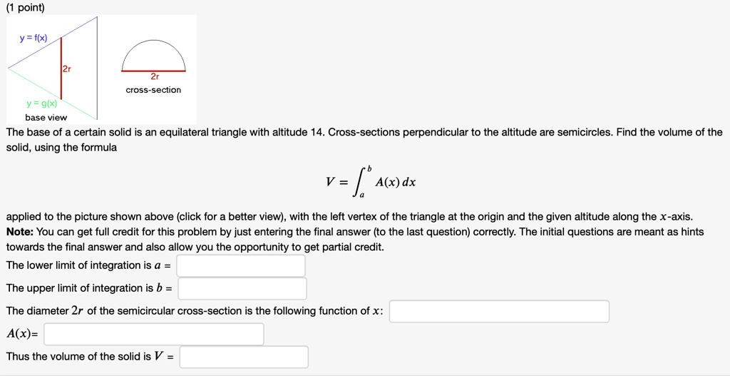 SOLVED: point) y = f(x) cross-section g(x) base view The base of a certain solid is an ...