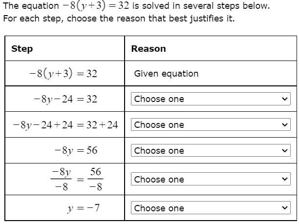 The equation -8(y+3) = 32 is solved in several steps below. For each step, choose the reason ...