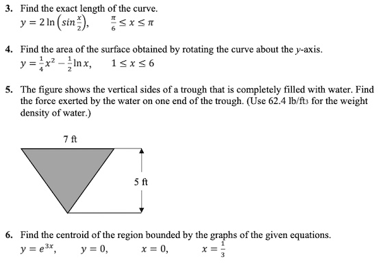 SOLVED: Find the exact length of the curve: y = 2 ln(sin(z)), S â‰¤ x â‰¤ T Find the area of the ...