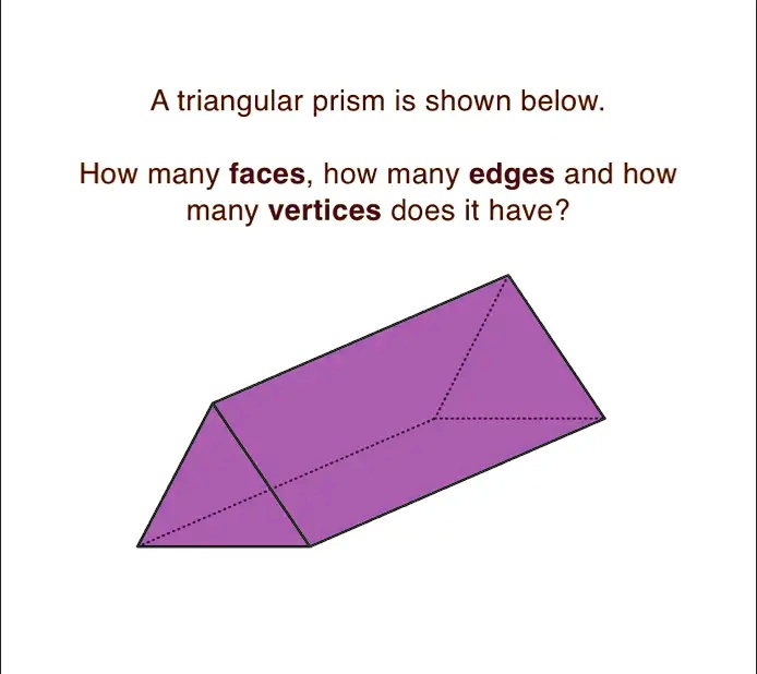 SOLVED: triangular prism is shown below: How many faces, how many edges and how many vertices ...