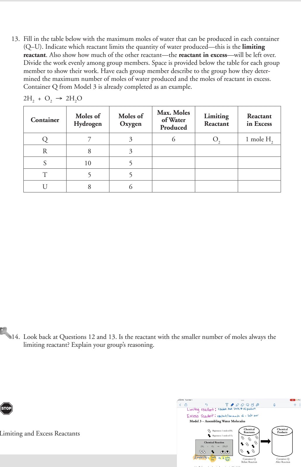 13 fill in the table below with the maximum moles of water that can be produced in each ...