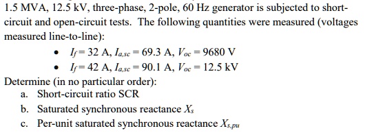 SOLVED: A 1.5 MVA, 12.5 kV, three-phase, 2-pole, 60 Hz generator is ...