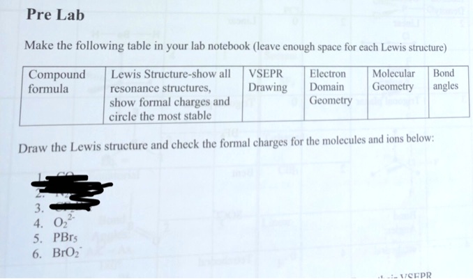 Pre Lab Make the following table in your lab notebook (leave enough ...