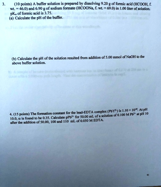 SOLVED: A buffer solution is prepared by dissolving 20 g of formic acid (HCOOH, molar mass 46.0 ...