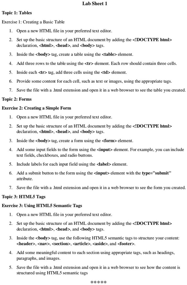 Solved Texts Lab Sheet 1 Topic 1 Tables Exercise 1 Creating A Basic Table 1 Open A New Html
