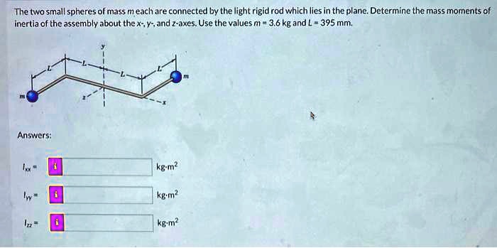 SOLVED: The two small spheres of mass m each are connected by the light rigid rod which lies in ...
